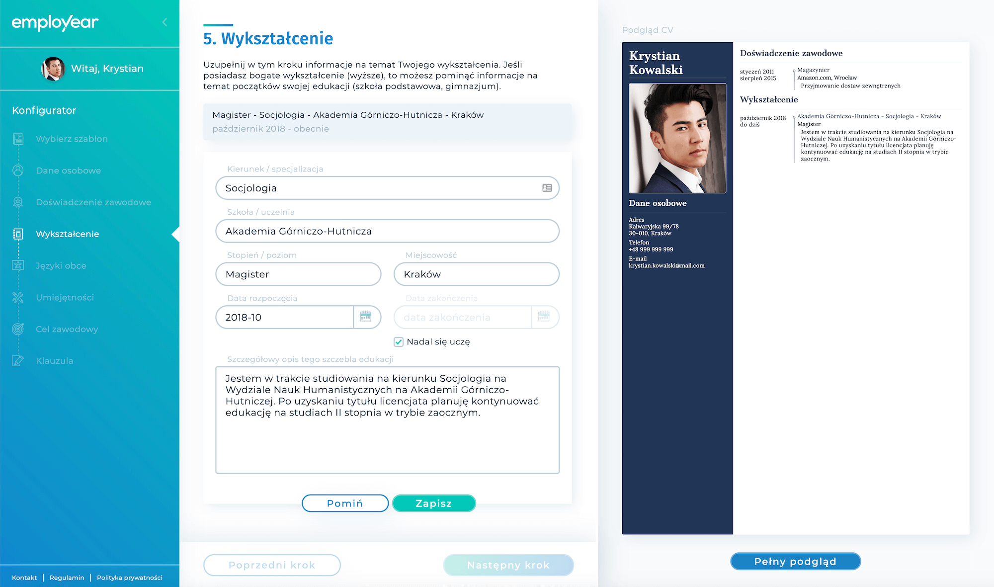Kreator CV dla studenta bez doświadczenia / Employear.com